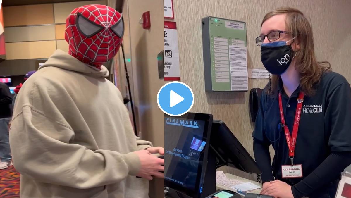 viral video man wearing spider man mask asks for movie tickets cashiers ...