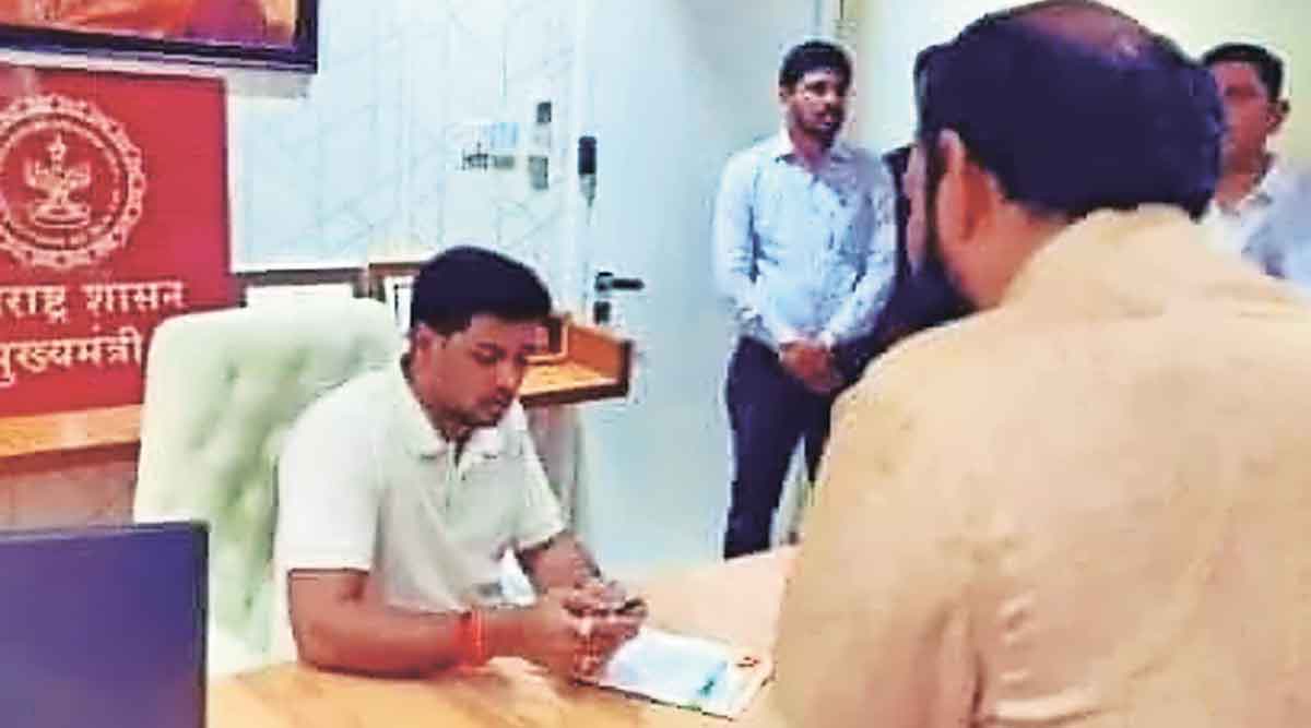 ncp viral photo of eknath shinde mp son shrikant shinde sitting on cm ...