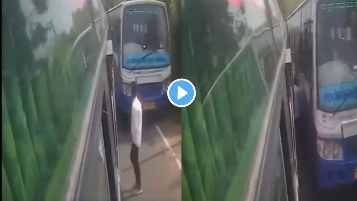 Man trapped between two buses miraculously escapes unscathed watch viral Video | देव तारी त्याला ...