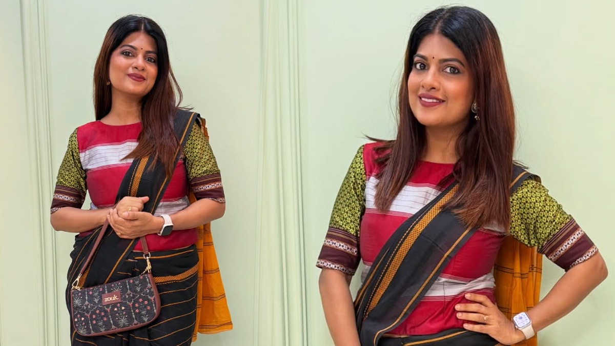 Marathi Actress Dhanashri Kadgaonkar Black Stripes Cotton Saree Khun ...